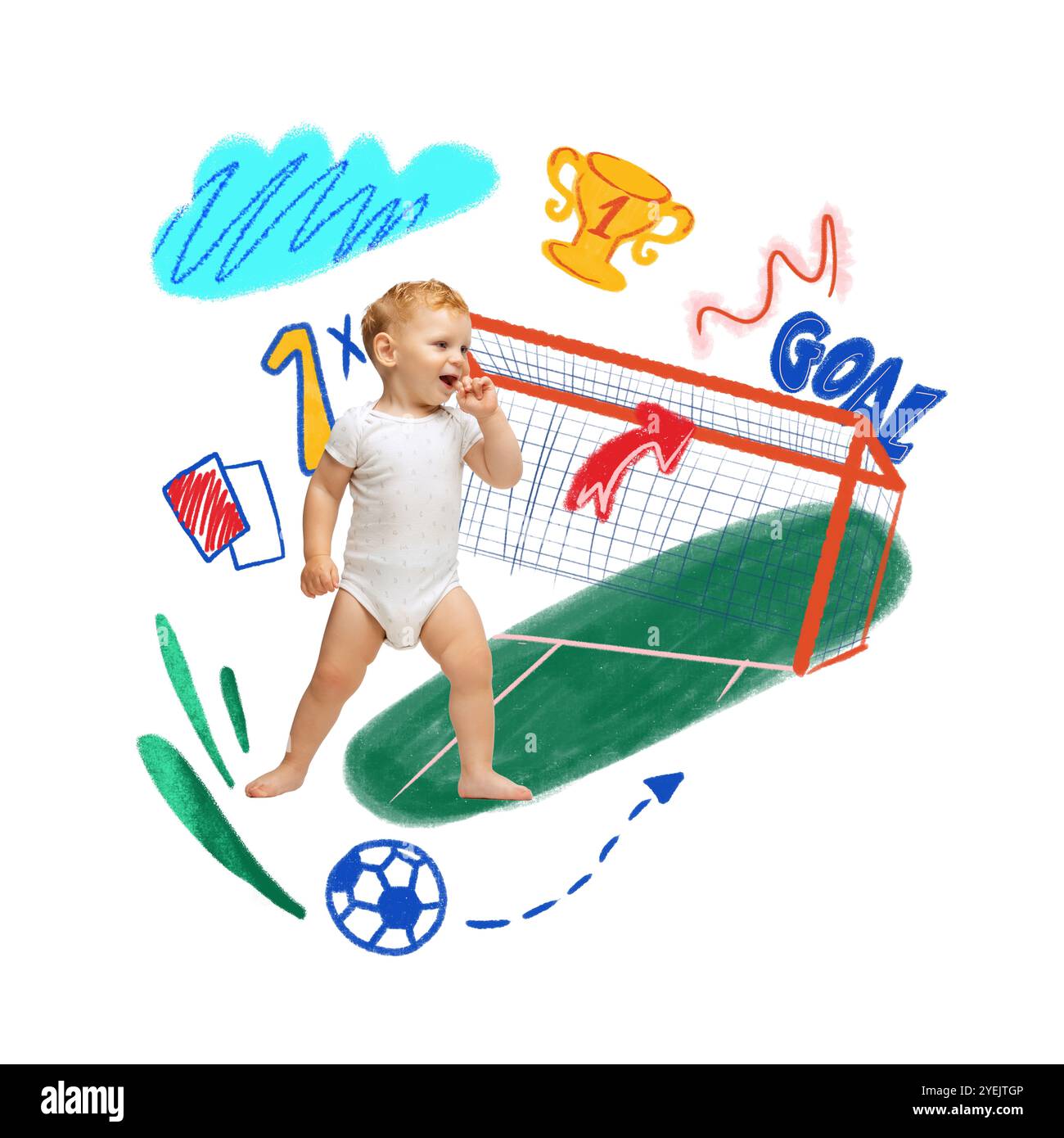 Poster. Contemporary art collage. Little charming baby-boy standing ...