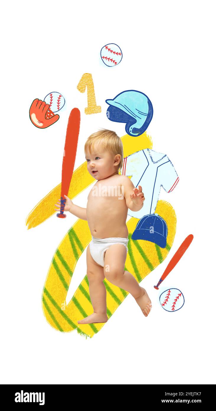 Poster. Contemporary art collage. Active, playful little boy in diaper ...