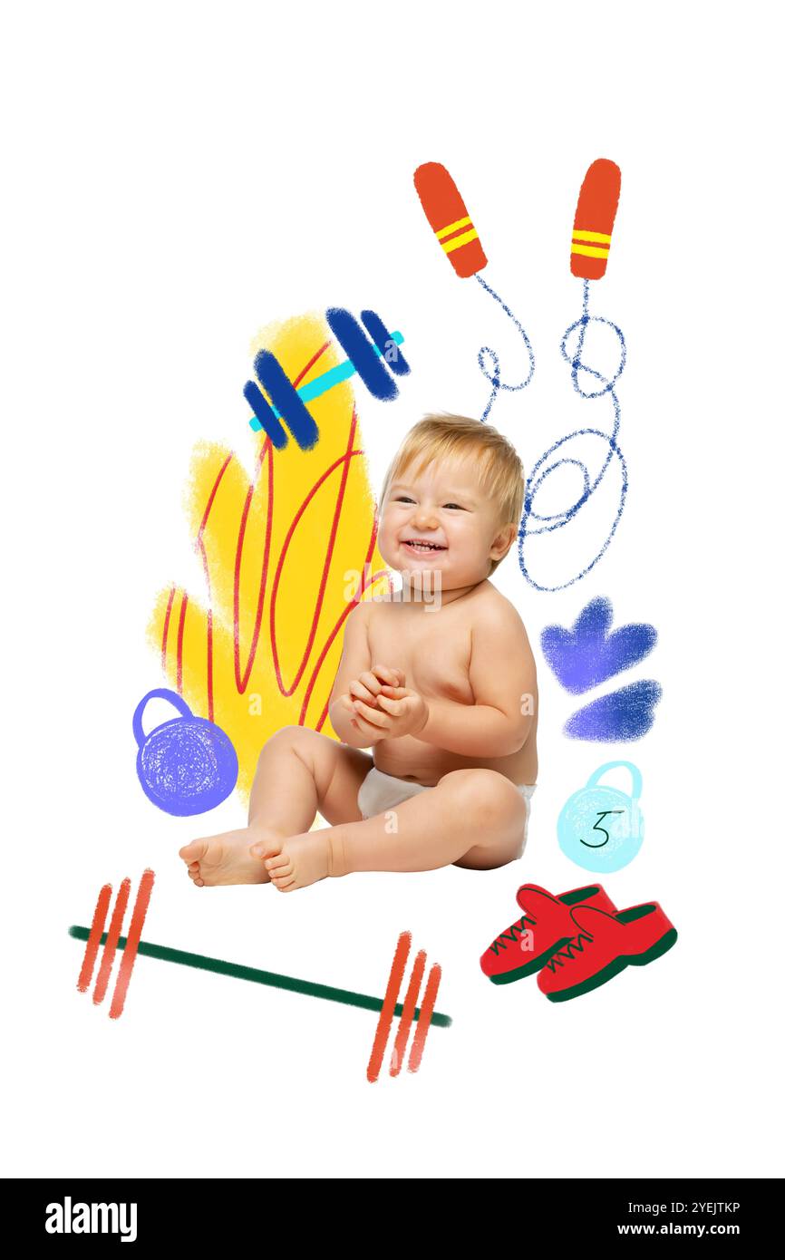 Poster. Contemporary art collage. Joyful toddler sitting, dressed ...