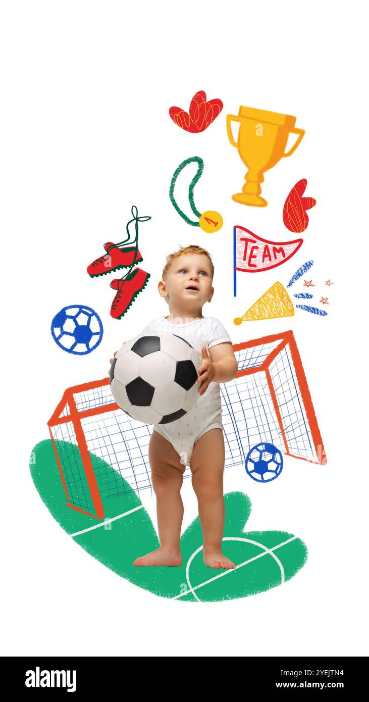 Poster. Contemporary art collage. Playful child, active toddler dressed ...