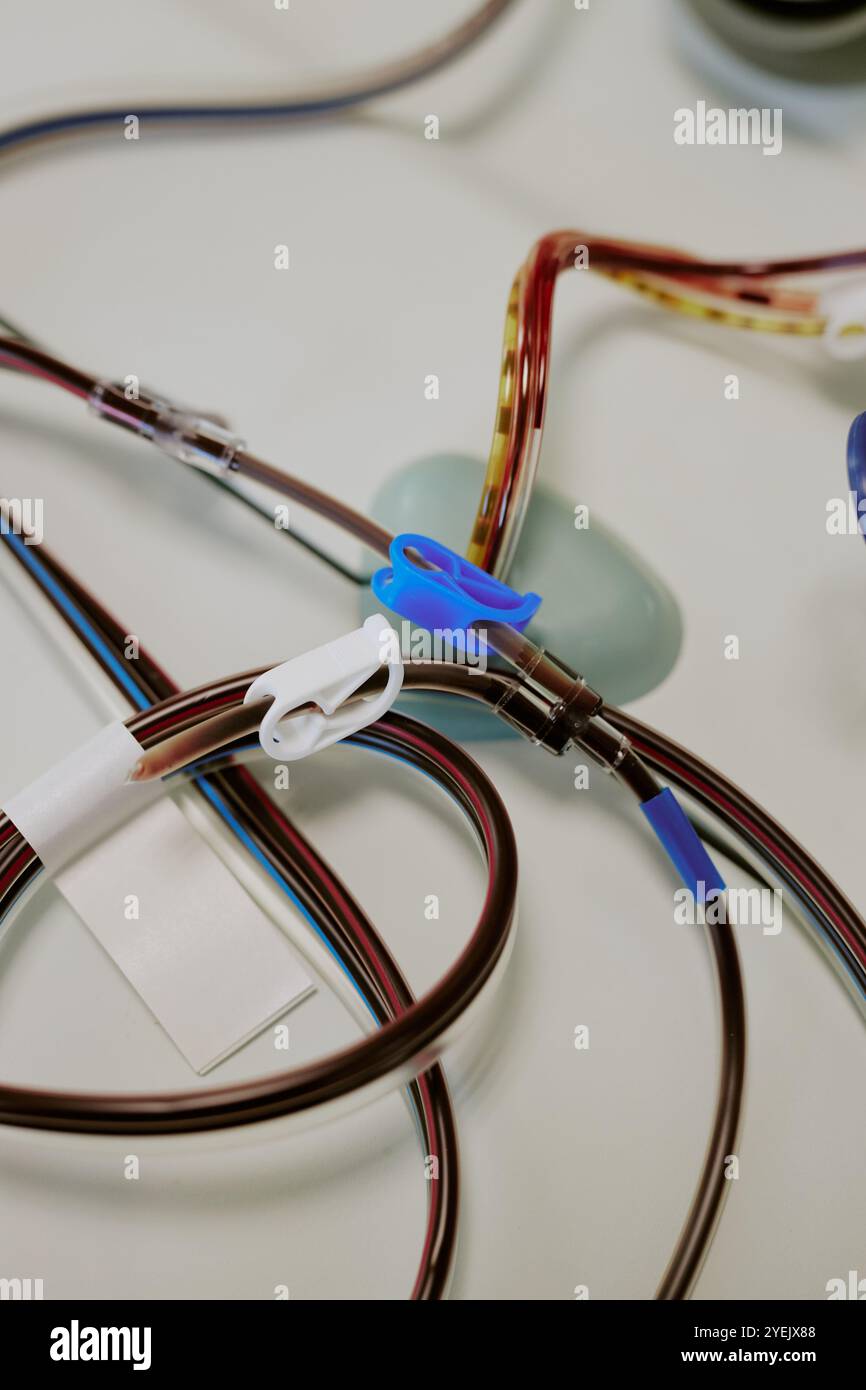 Close-up of medical equipment used in dialysis process, showing various ...