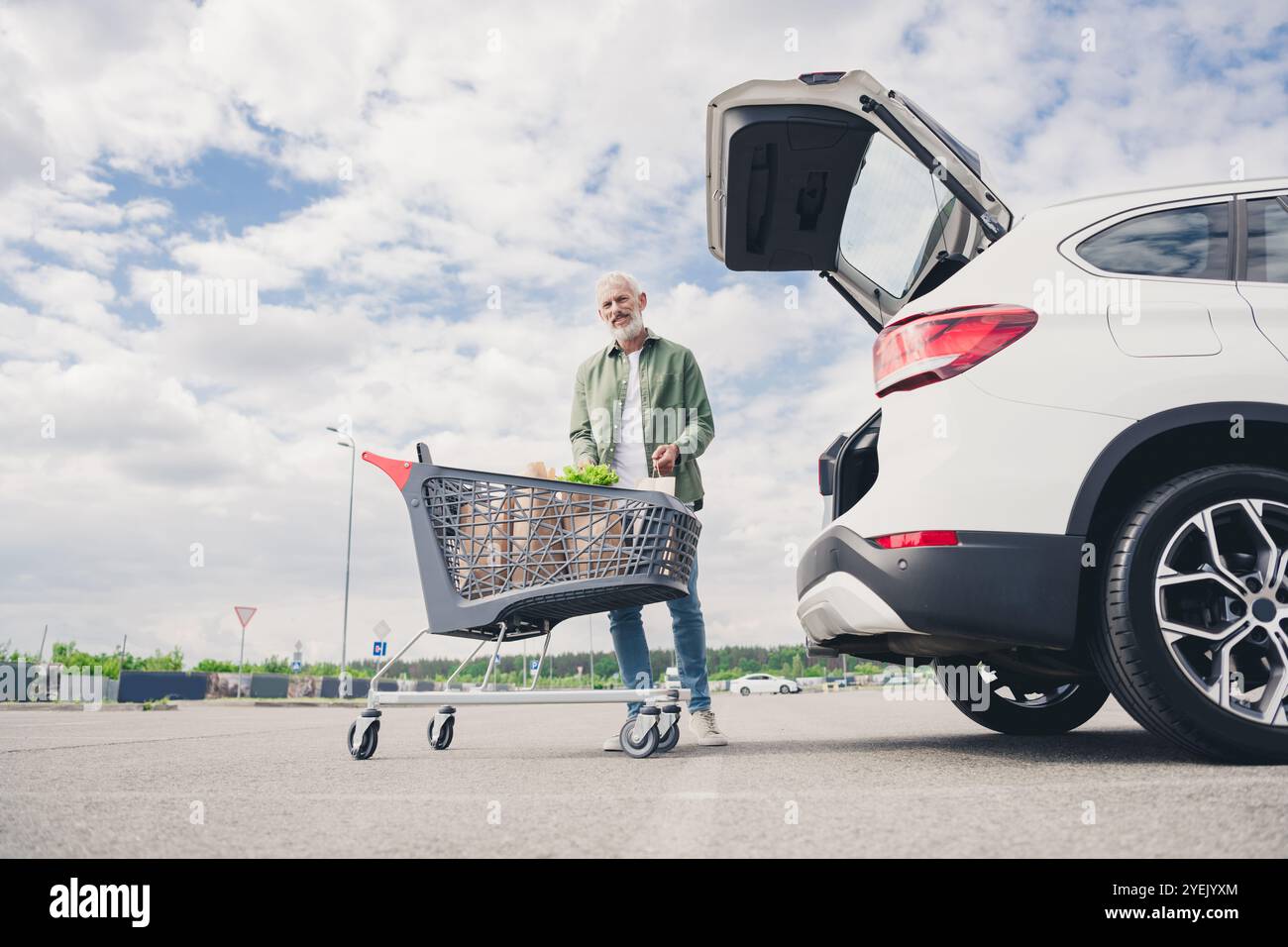 Full size photo of pensioner man shopping cart loading groceries car ...