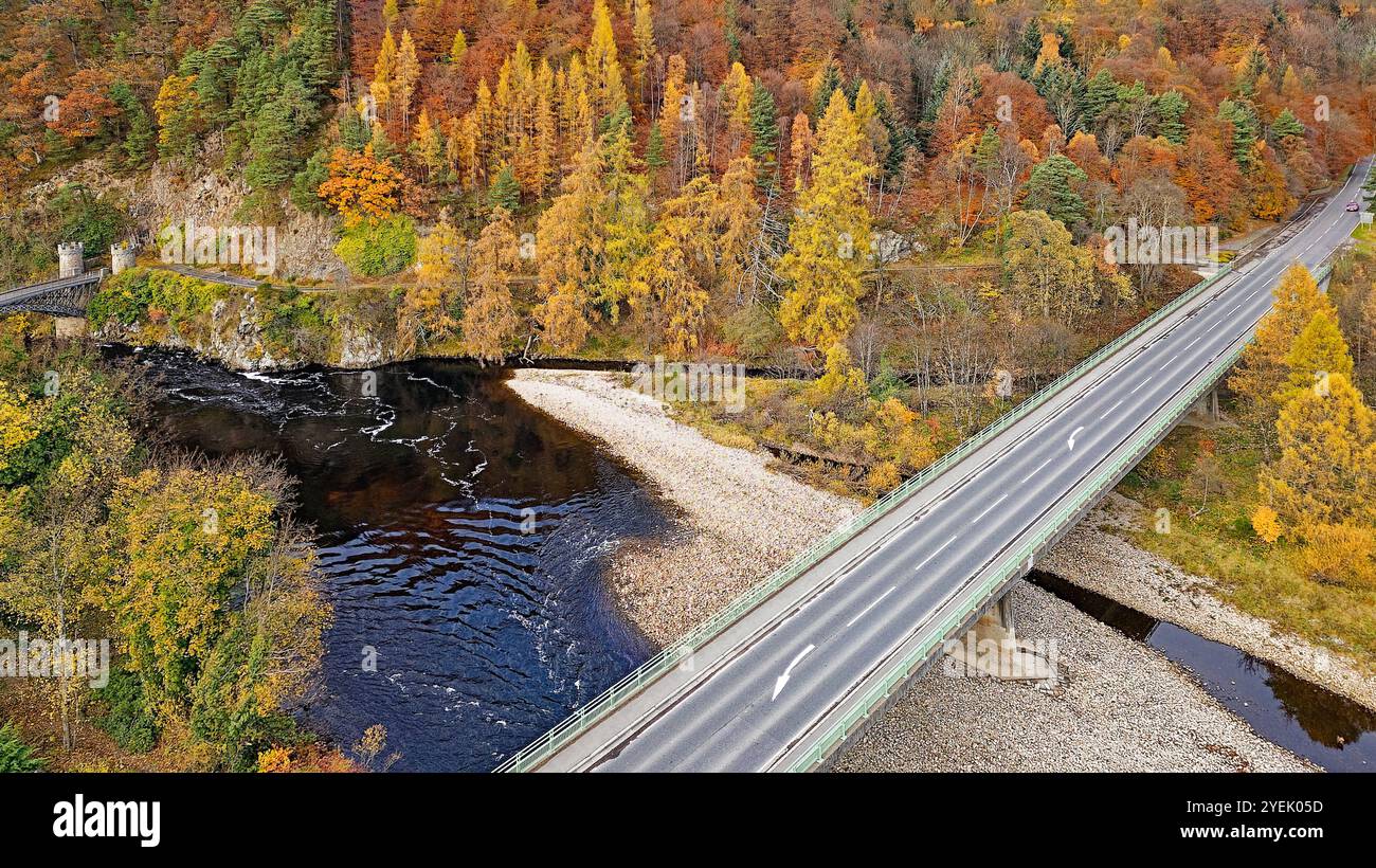 Craigellachie Moray Scotland autumn coloured trees and the A941 road ...