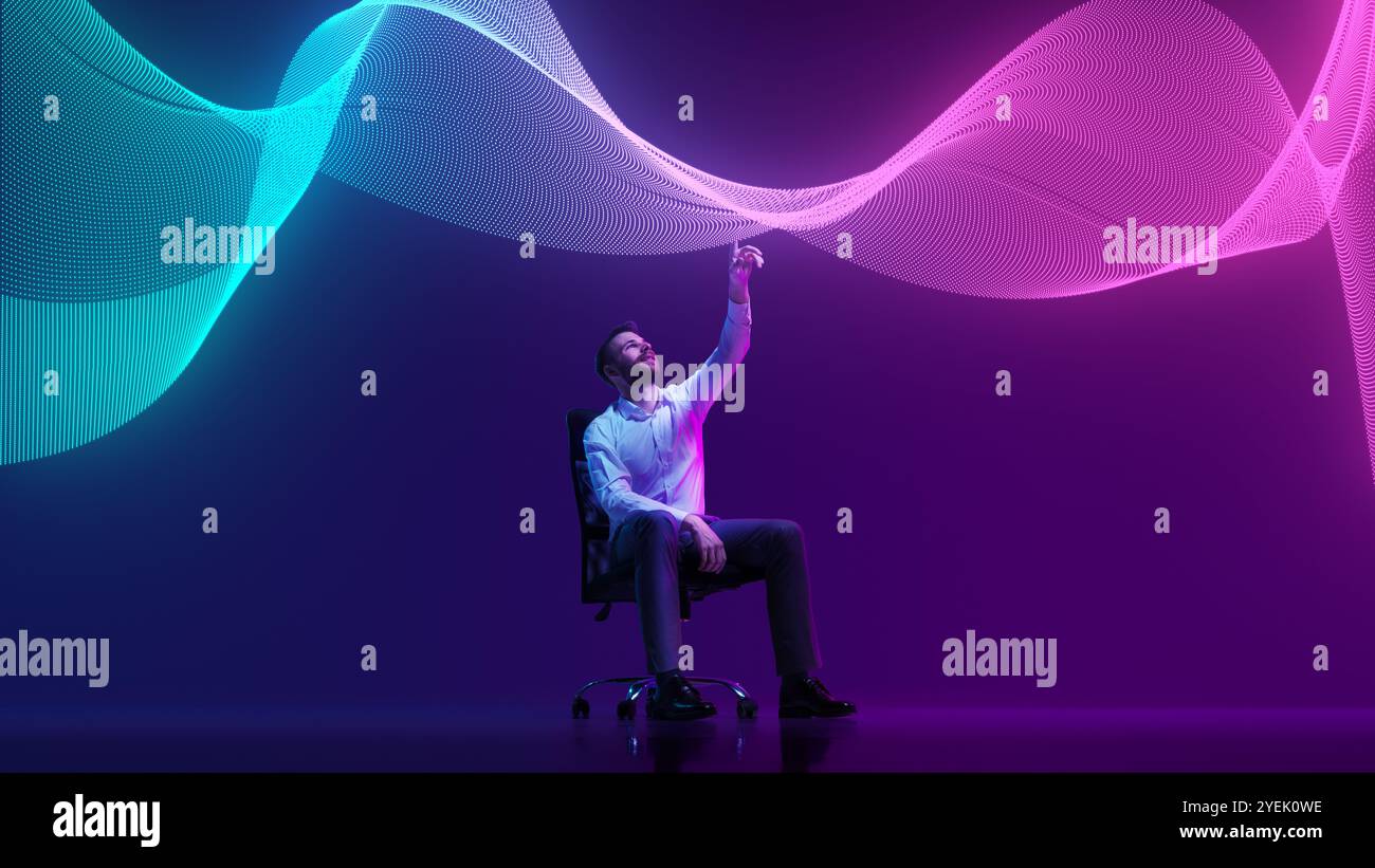Businessman sits, engaging with stream of interactive data in digital ...