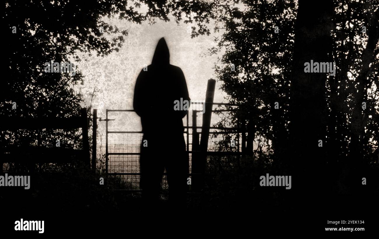 A horror concept. A scary ghost like monk figure. Standing In a spooky ...