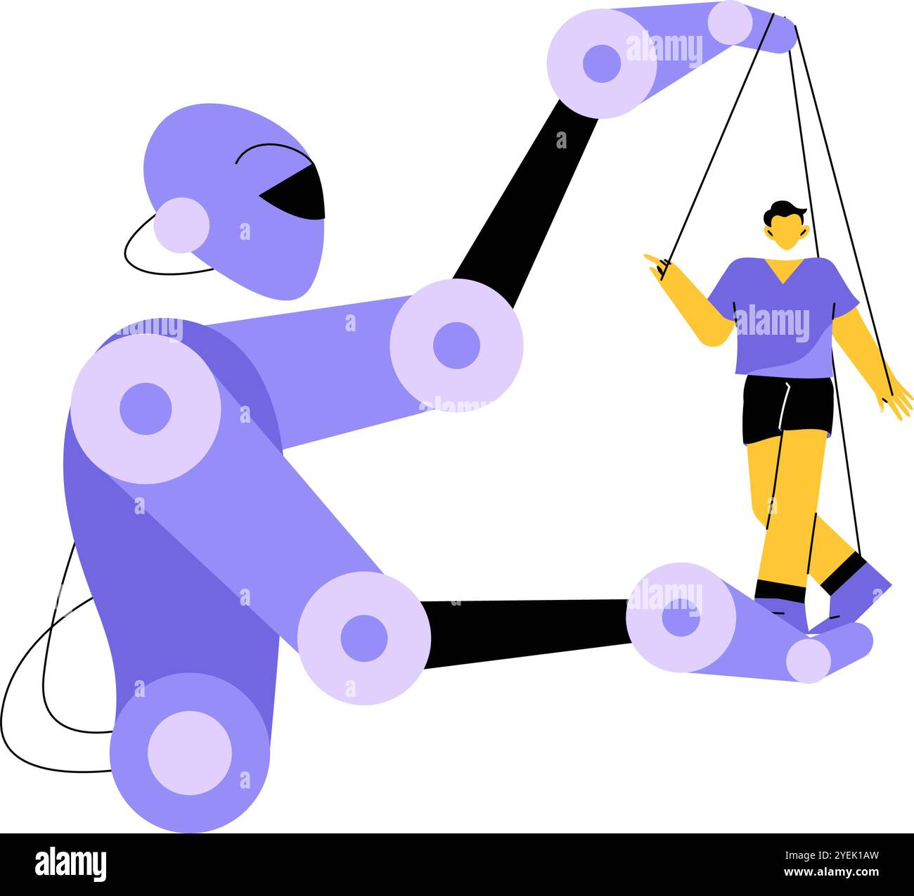 Robot Manipulating Human Puppet In Flat Vector Illustration Symbolizing ...