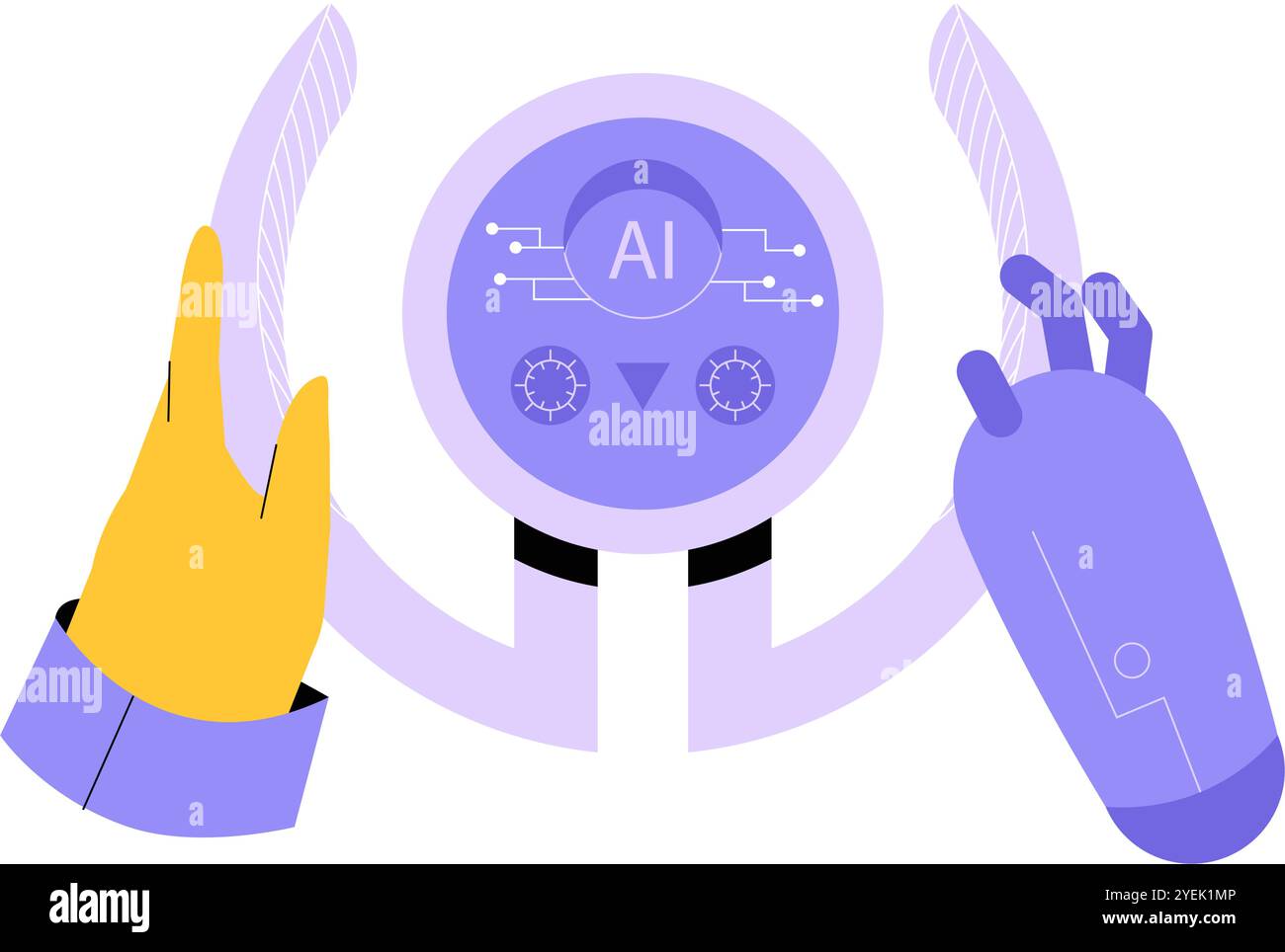 Human And Robot Hands On Steering Wheel In Flat Vector Illustration ...