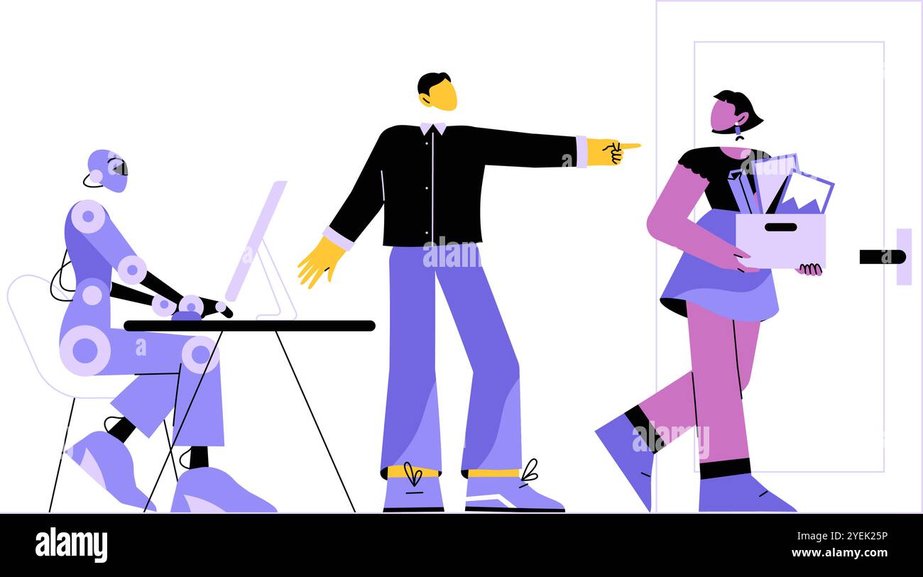 AI Taking Jobs With Robot Working At Desk While Manager Directs Female ... AI Taking Jobs With Robot Working At Desk While Manager Directs Female ...