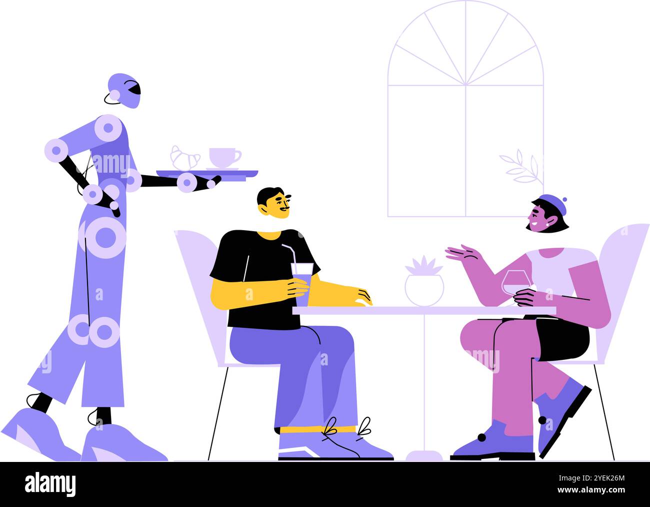 Robot Server Bringing Food To Dining Customers In Flat Vector ... Robot Server Bringing Food To Dining Customers In Flat Vector ...