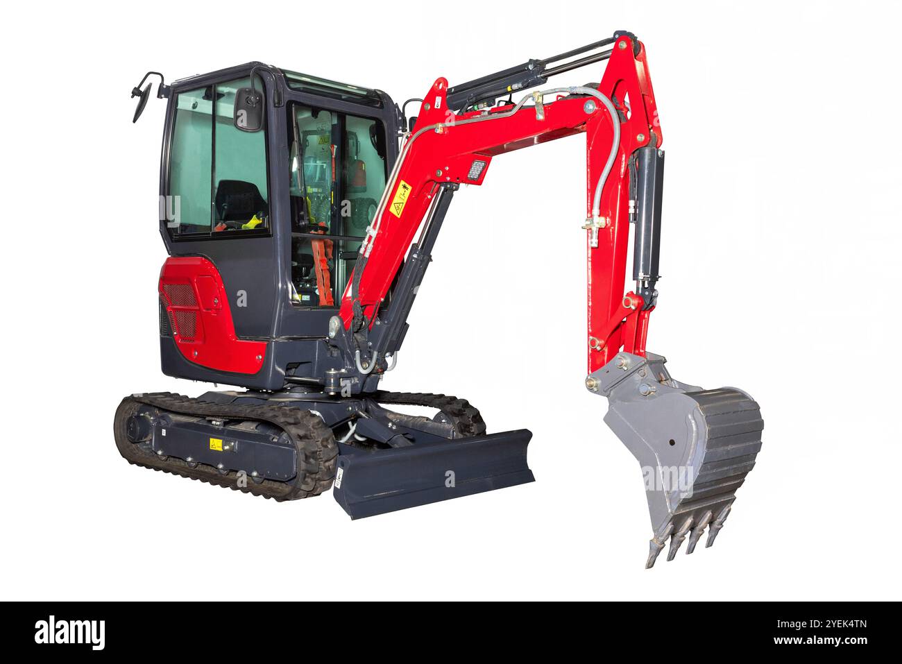 Modern compact excavator with extended arm and open bucket, ready for ...