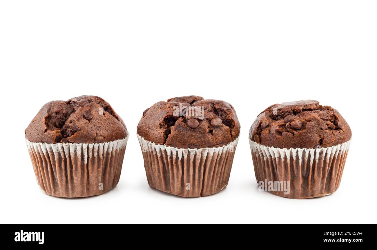 Chocolate chip muffins in a row on white background Stock Photo - Alamy