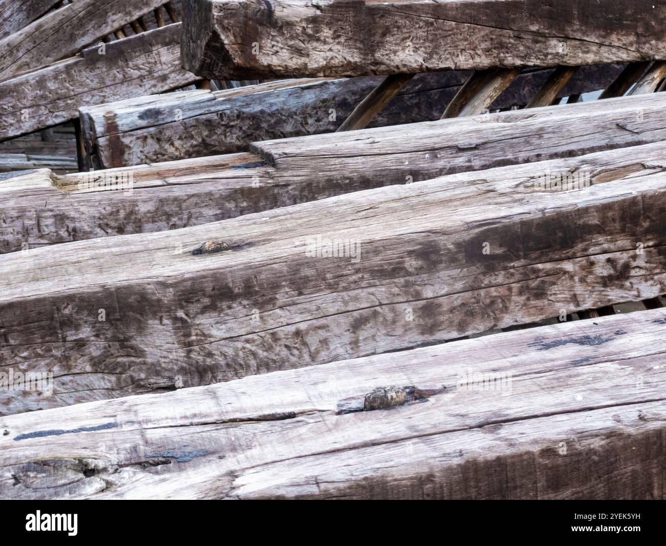 Close-up of stacked weathered wooden beams with textured, rustic ...
