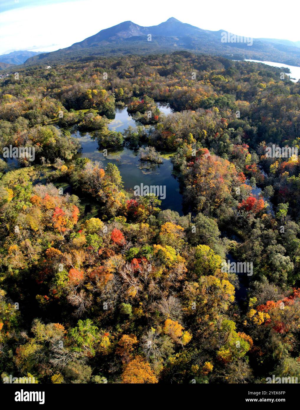 Drone photography shows the vibrant autumn foliage around the ...