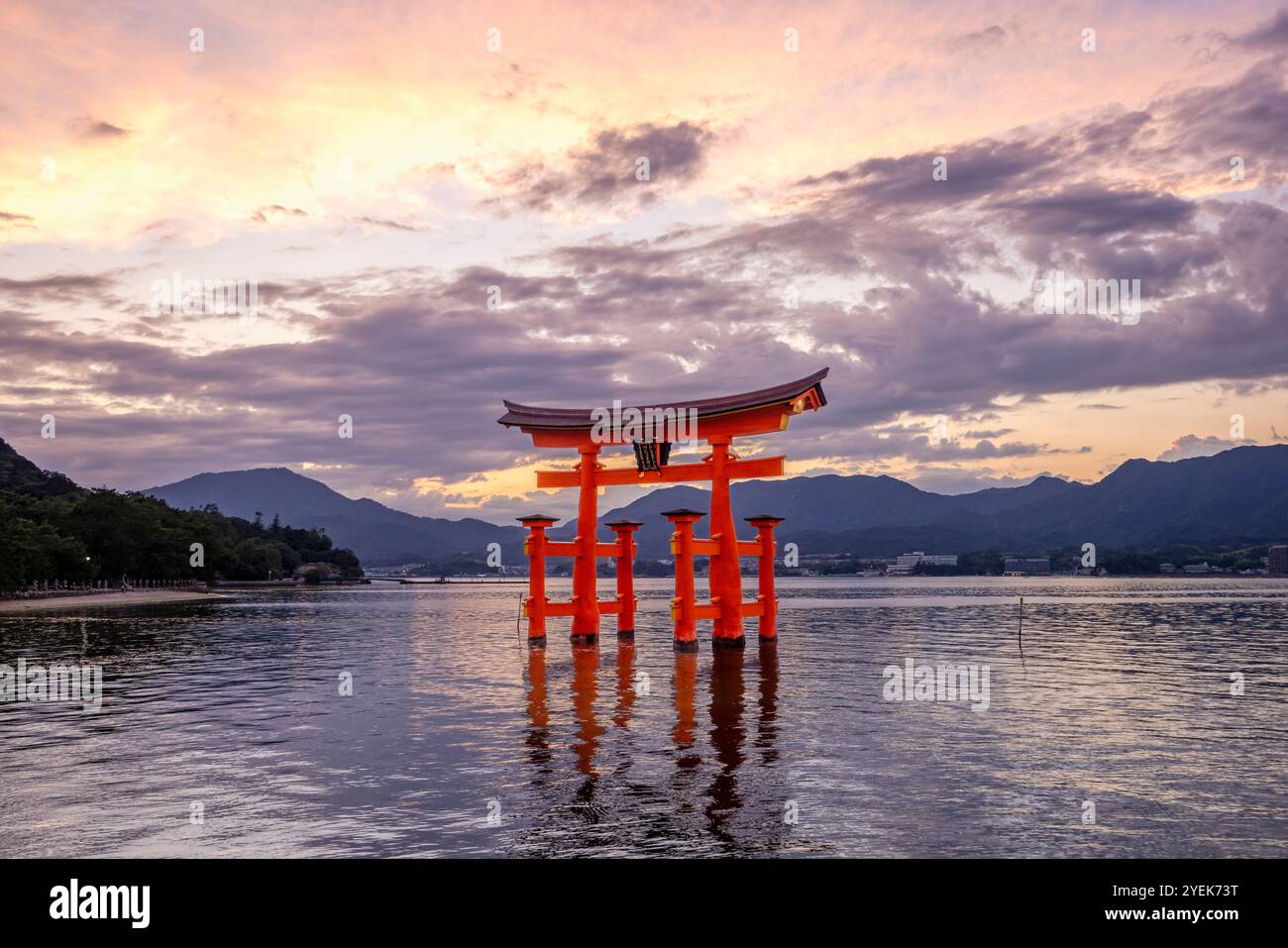 Iconic floating orange Torii gate in sea near the Itsukashima shrine at ...