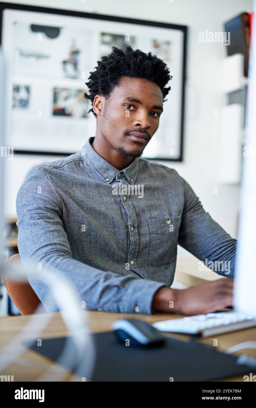 Computer, creative and portrait with black man in office for service ...