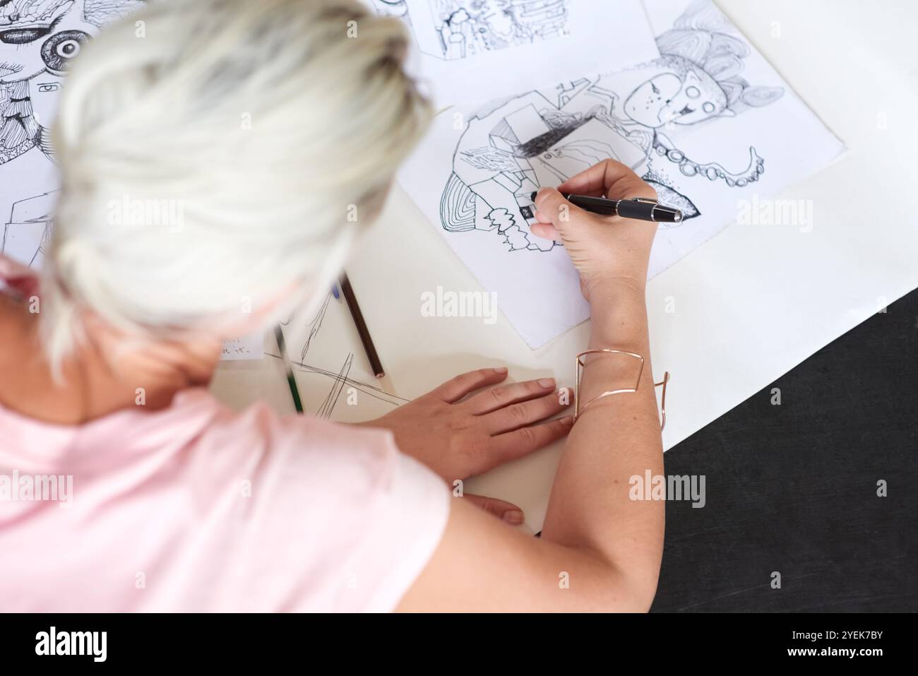 Drawing, woman and work from home with sketch, illustration and cartoon ...