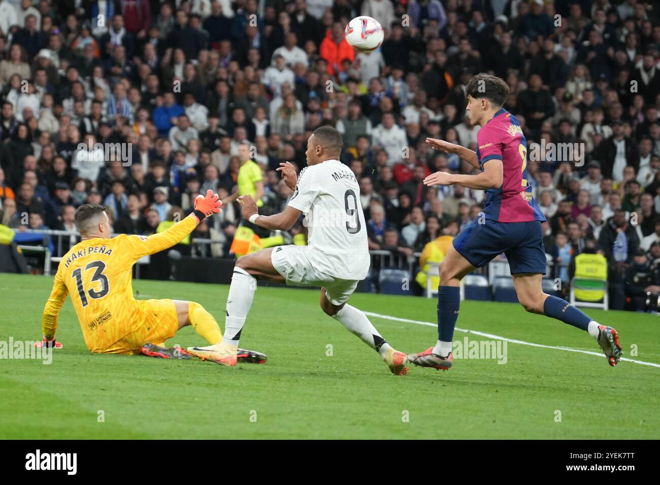 Pau Cubarsí , Iñaki Peña of Barcelona and Kylian MBAPPE of Real Madrid ...