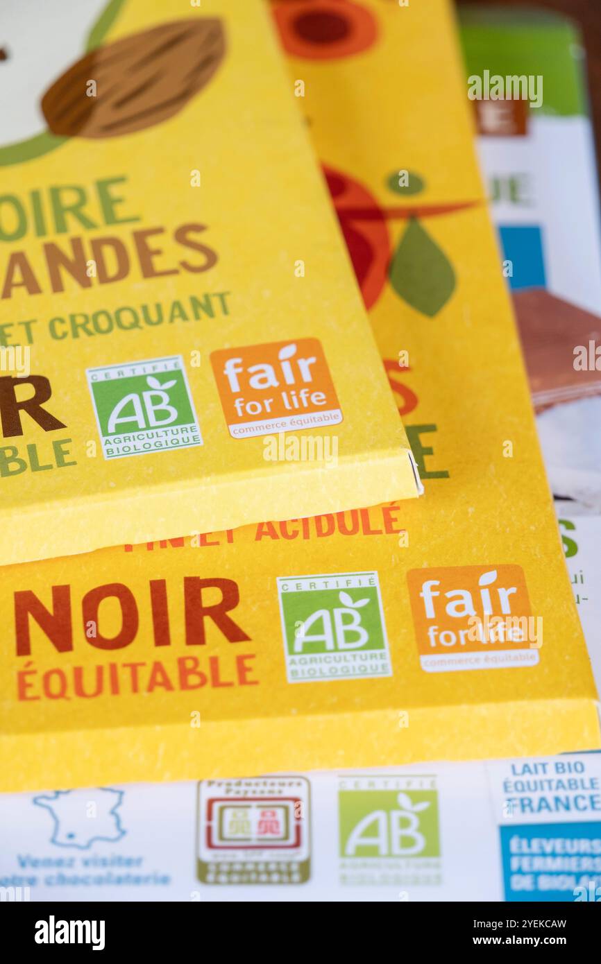Fair trade label on AlterEco chocolate bars Fair for Life logo ...
