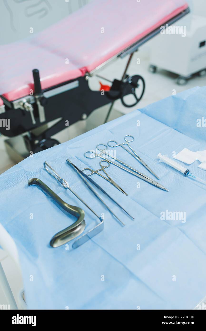 Medical iron tools for surgery. Clean disinfected tools on the table ...