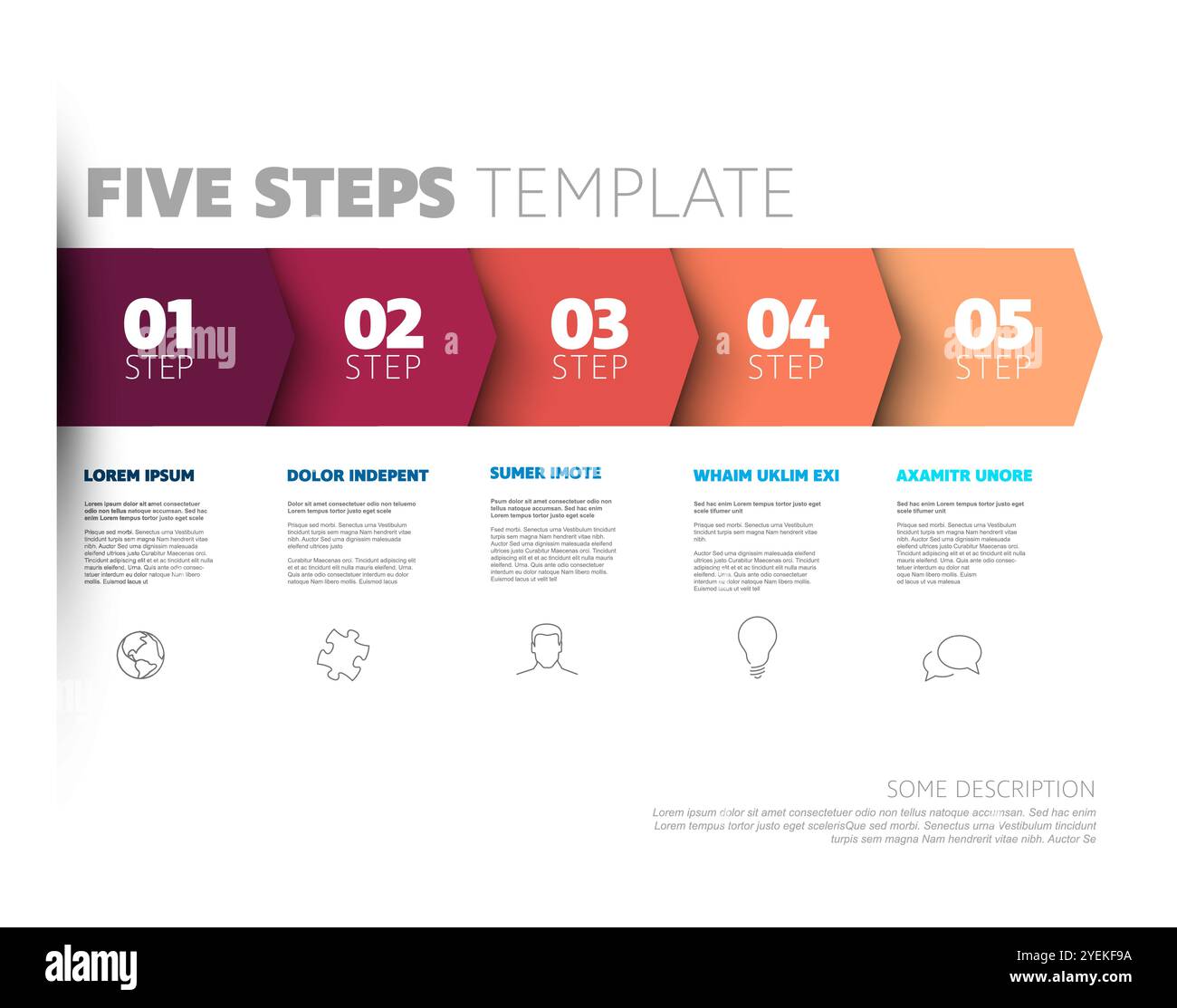 Five red steps progress procedure infochart template with descriptions icons titles and big ...