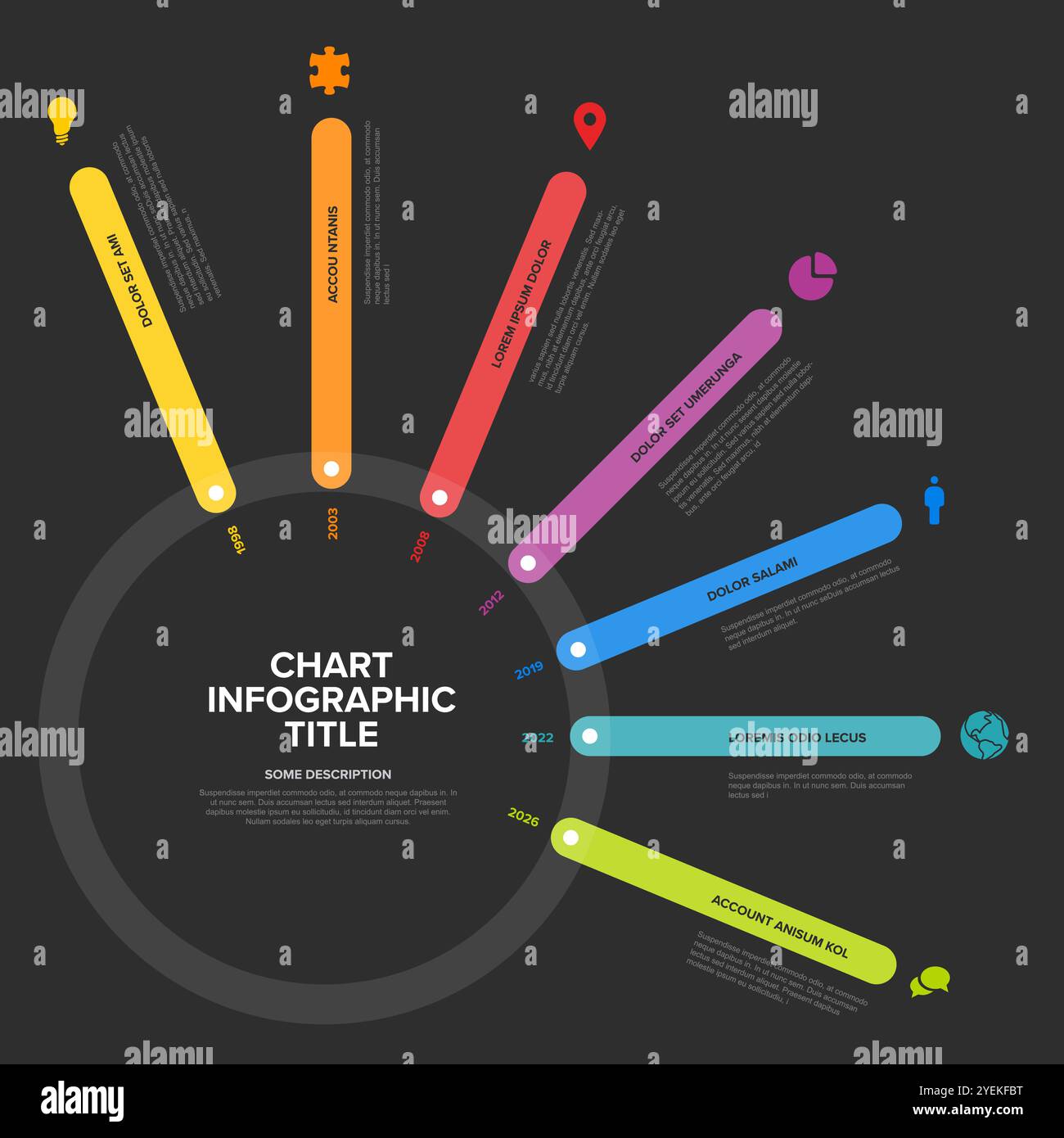 Simple dark timeline template made of rainbow color thick line segments ...