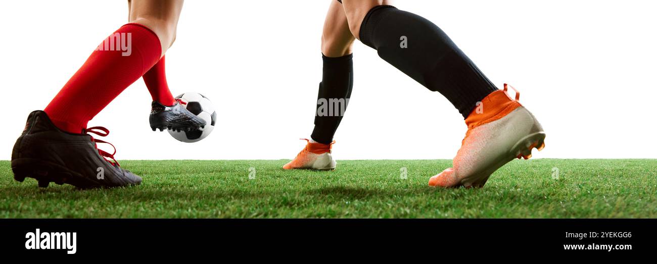 Close-up cropped image of two female soccer players legs and soccer ...