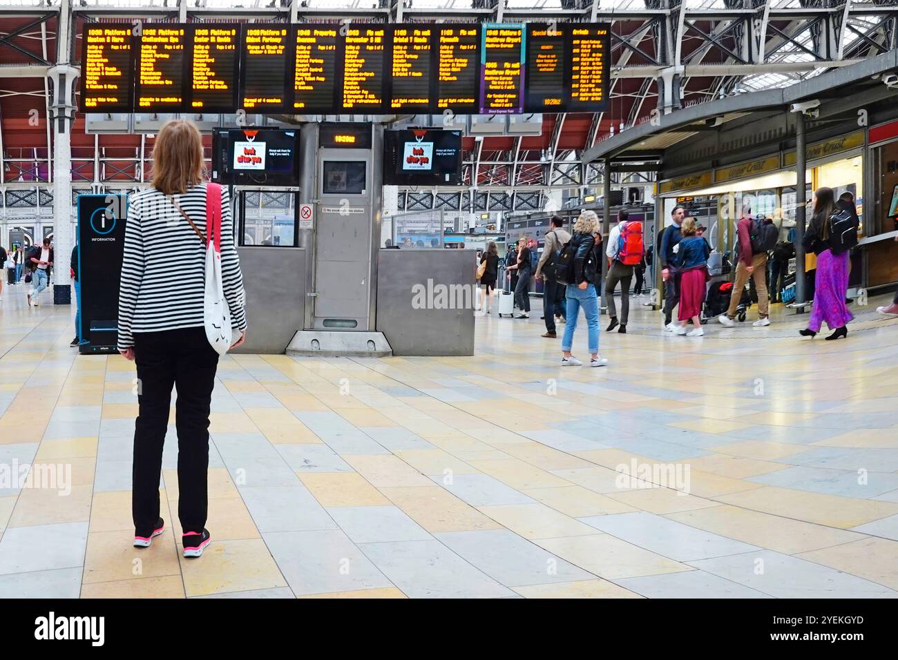 Back view lone women traveller gazing at train departure boards ...