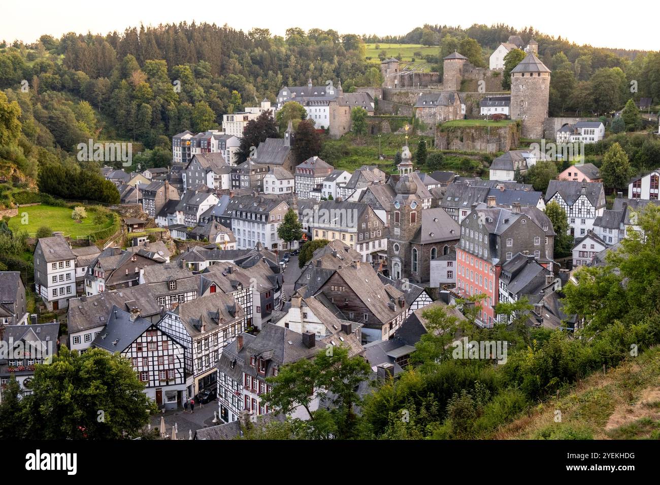 Aerial view of Monschau, a small scenic resort town in the Eifel region ...