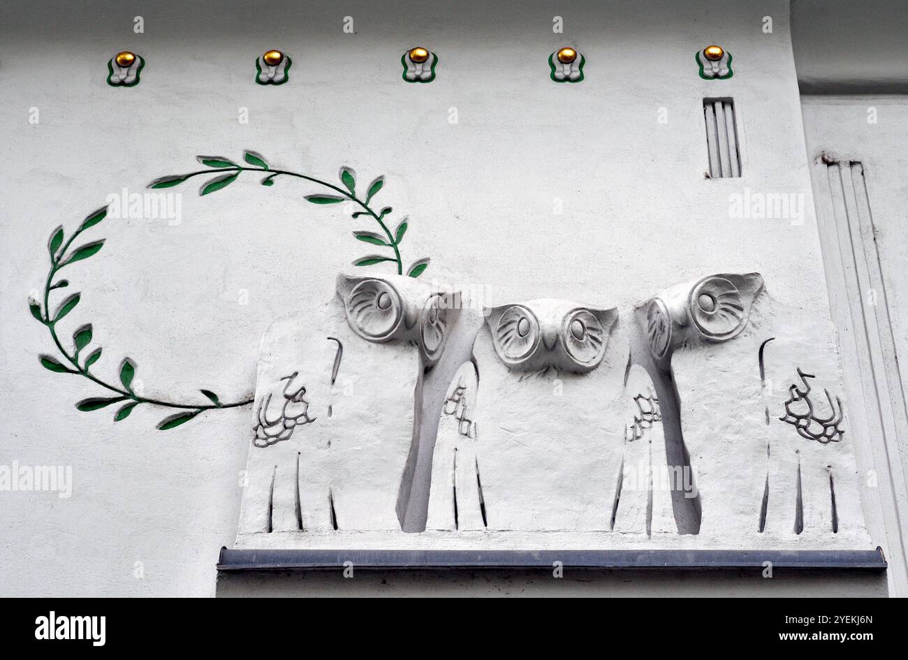 Sculptures of three owls and laurel leaves on Vienna's historic ...
