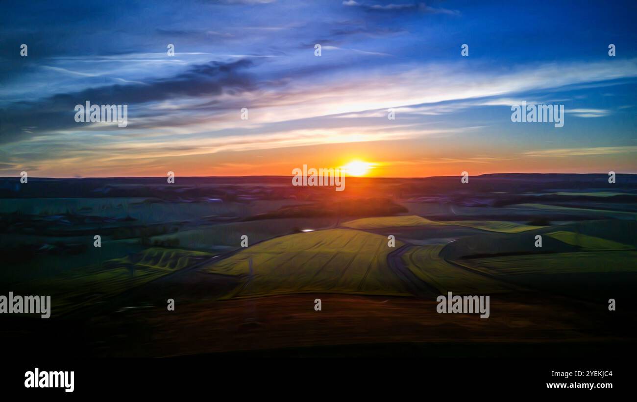 Aerial view of the countryside with the rising sun and oil painting ...