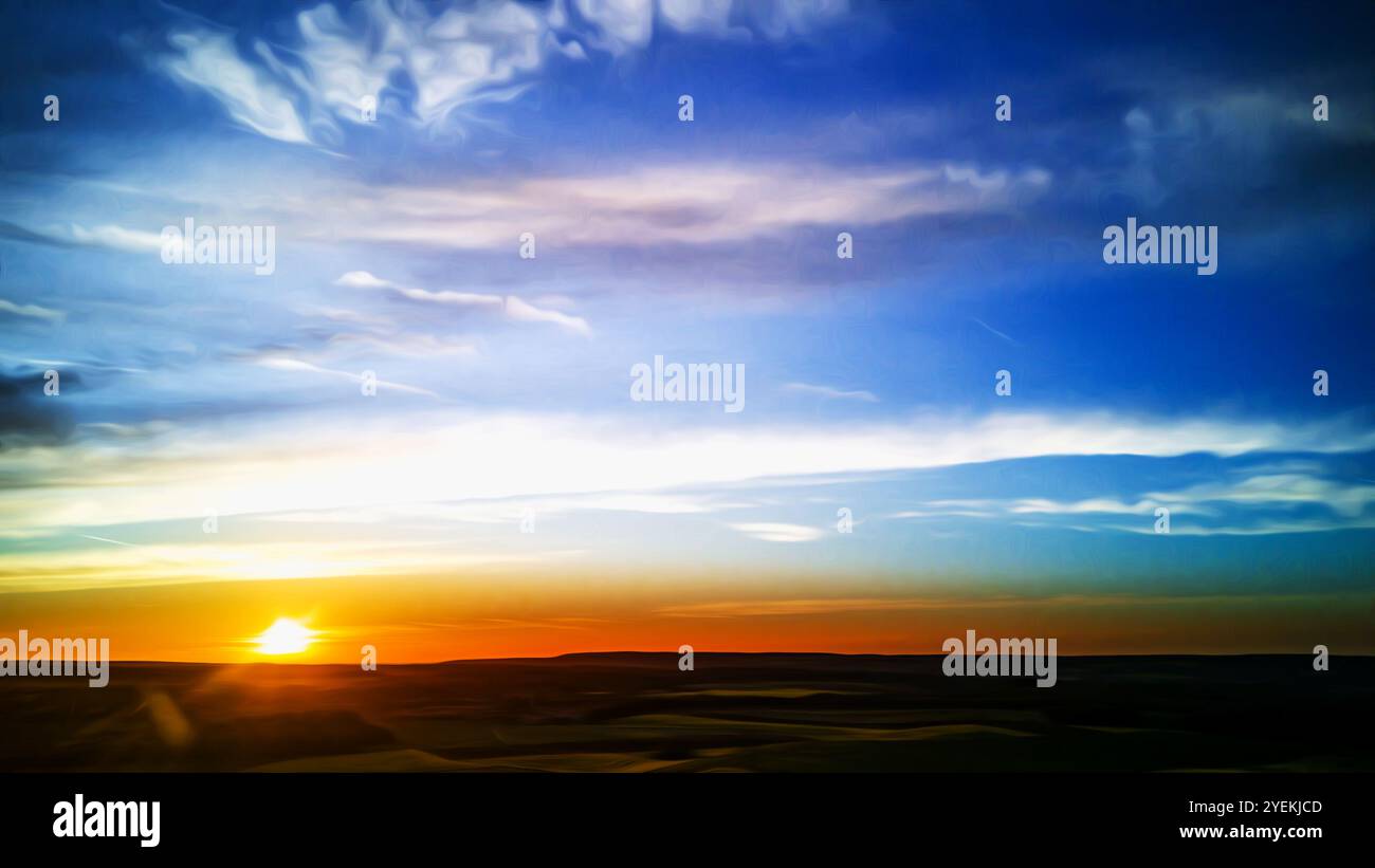 Aerial view of the countryside with the rising sun and oil painting ...