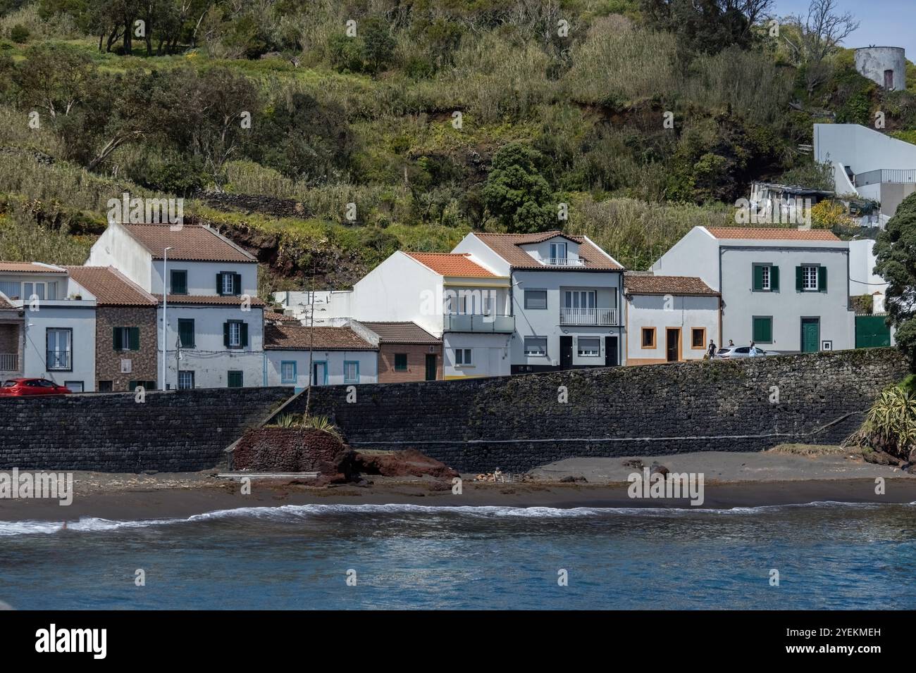Traditional houses on the cliff at Atlantic ocean coast in Sao Miguel ...