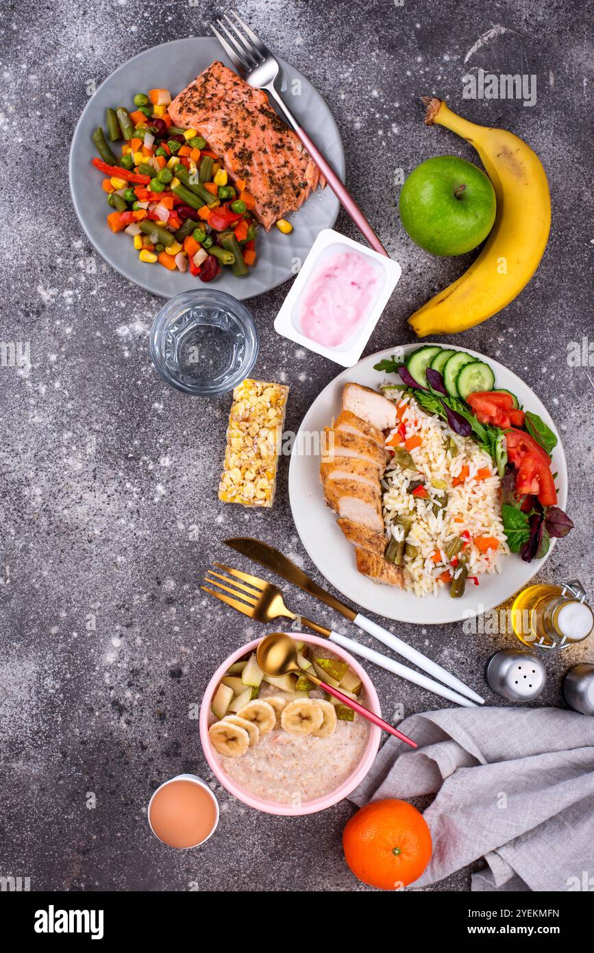 Balanced meal of nutritious foods Stock Photo - Alamy