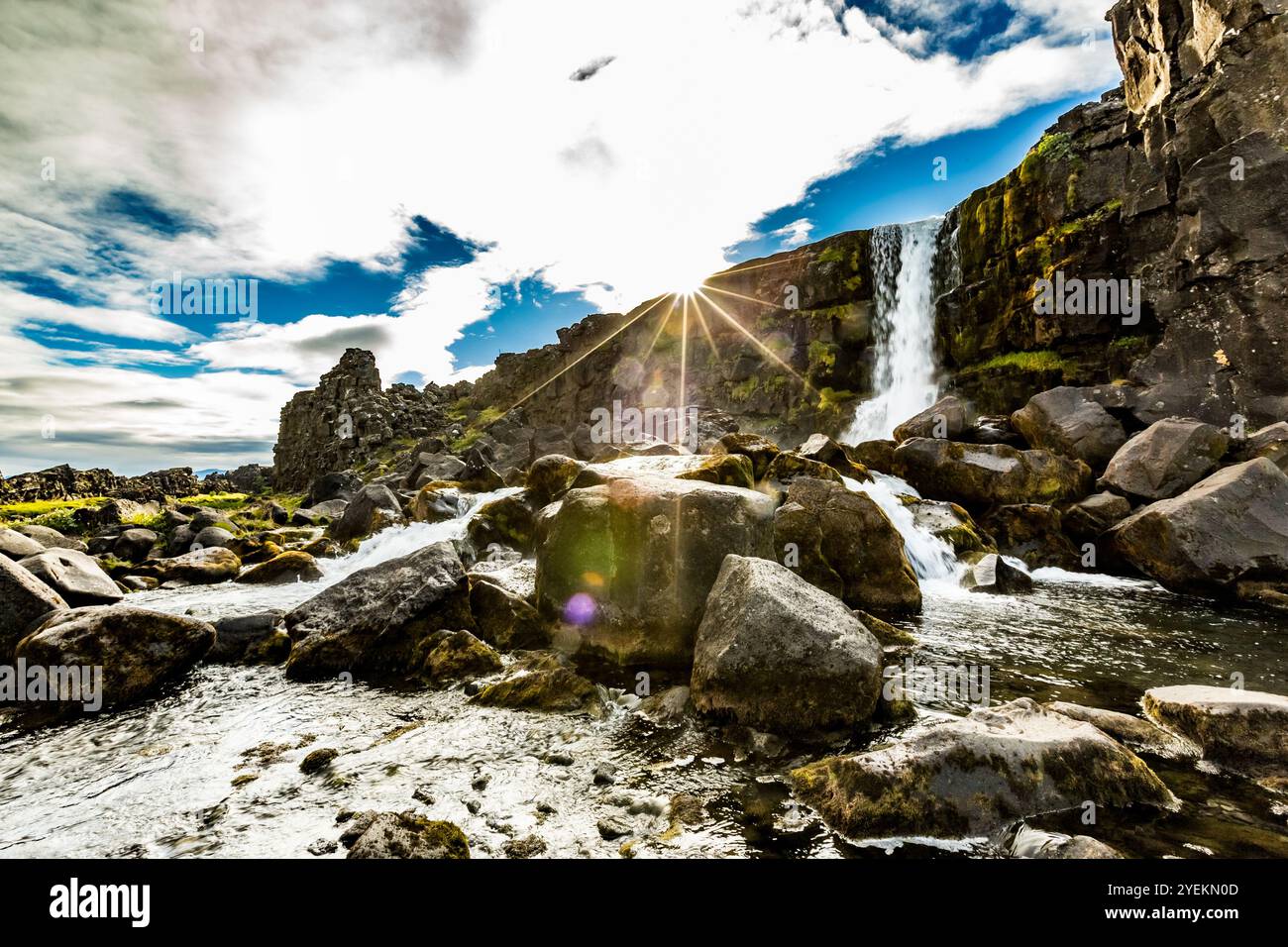 Landscape with sun light diffraction effect. Sunrays. Iceland, the ...