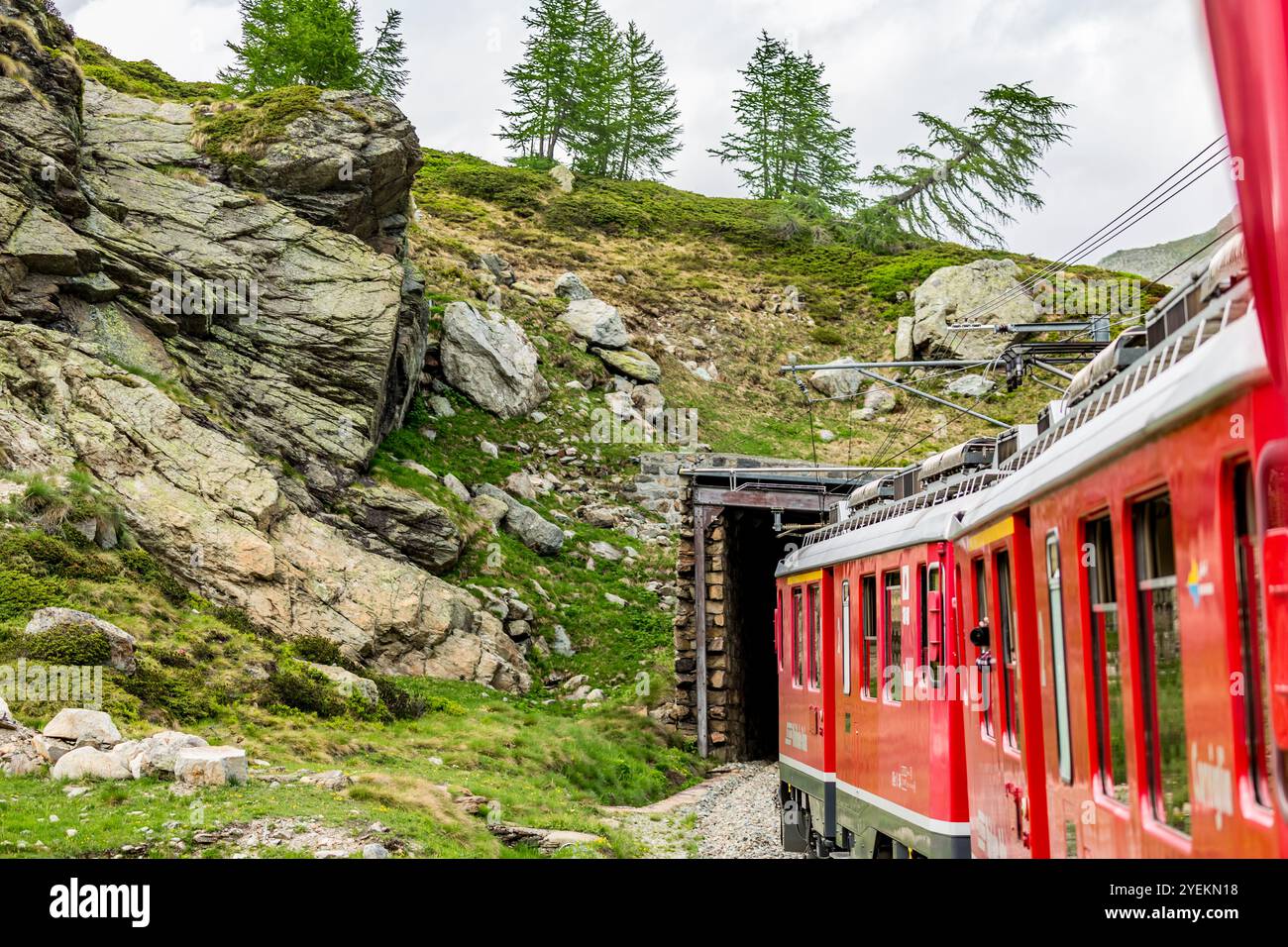 Travel, ride Alpine train in the Swiss Alps, Switzerland. Mountain ...