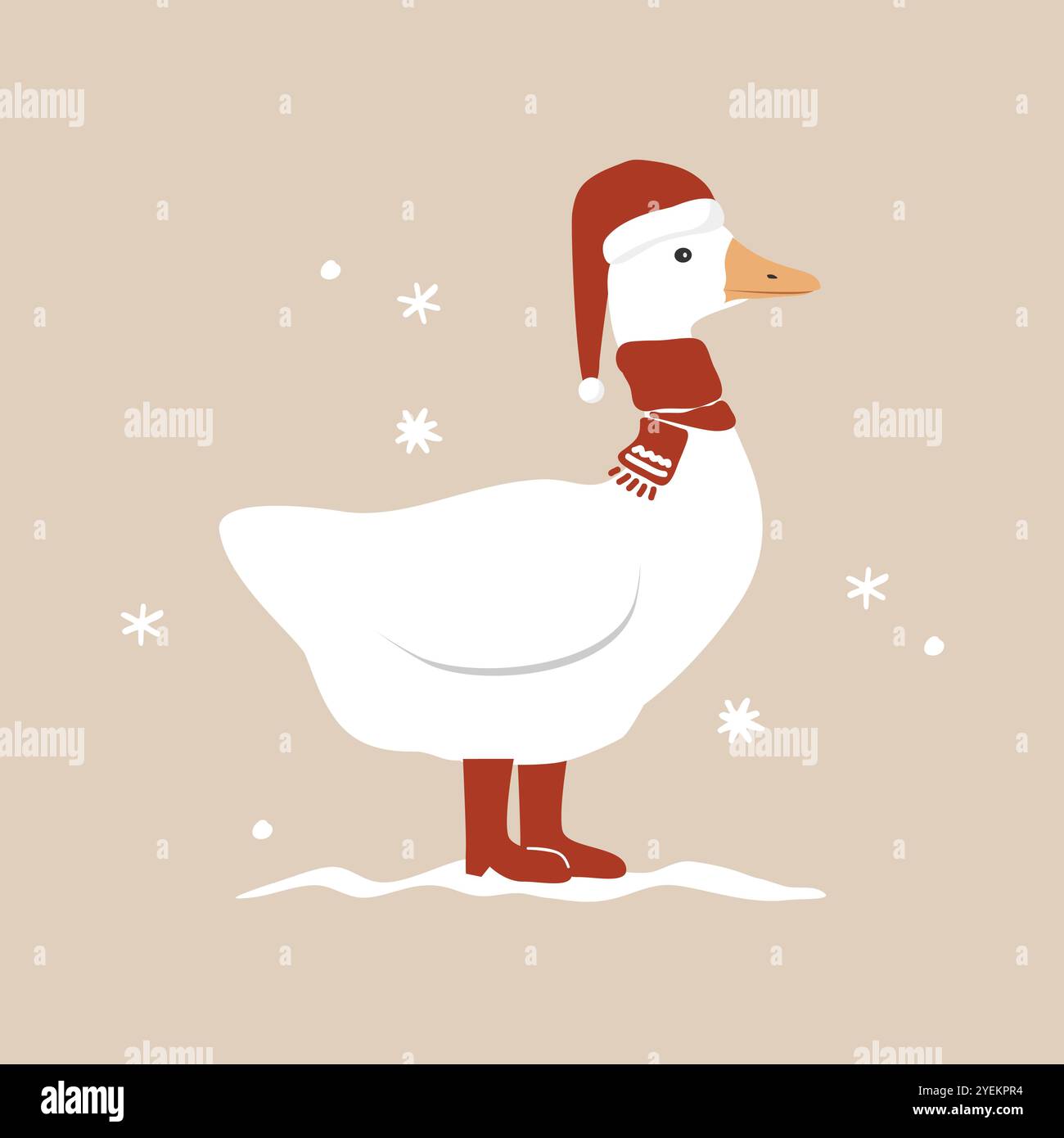 Cute funny cartoon goose in red scarf, Santa Claus hat and boots. Merry ...