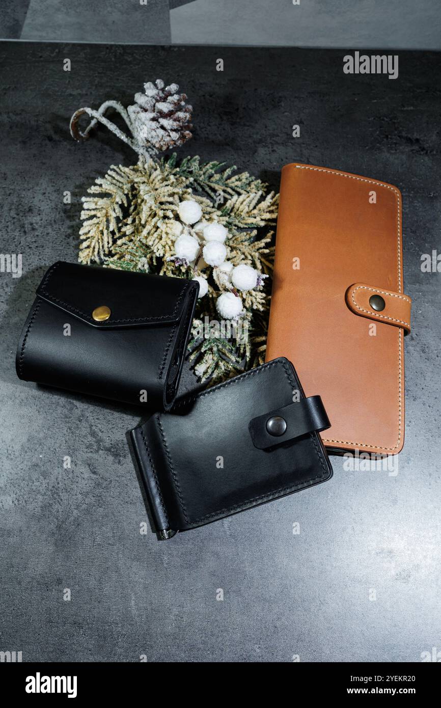 Handmade wallets with compartments for cards and cash Stock Photo - Alamy