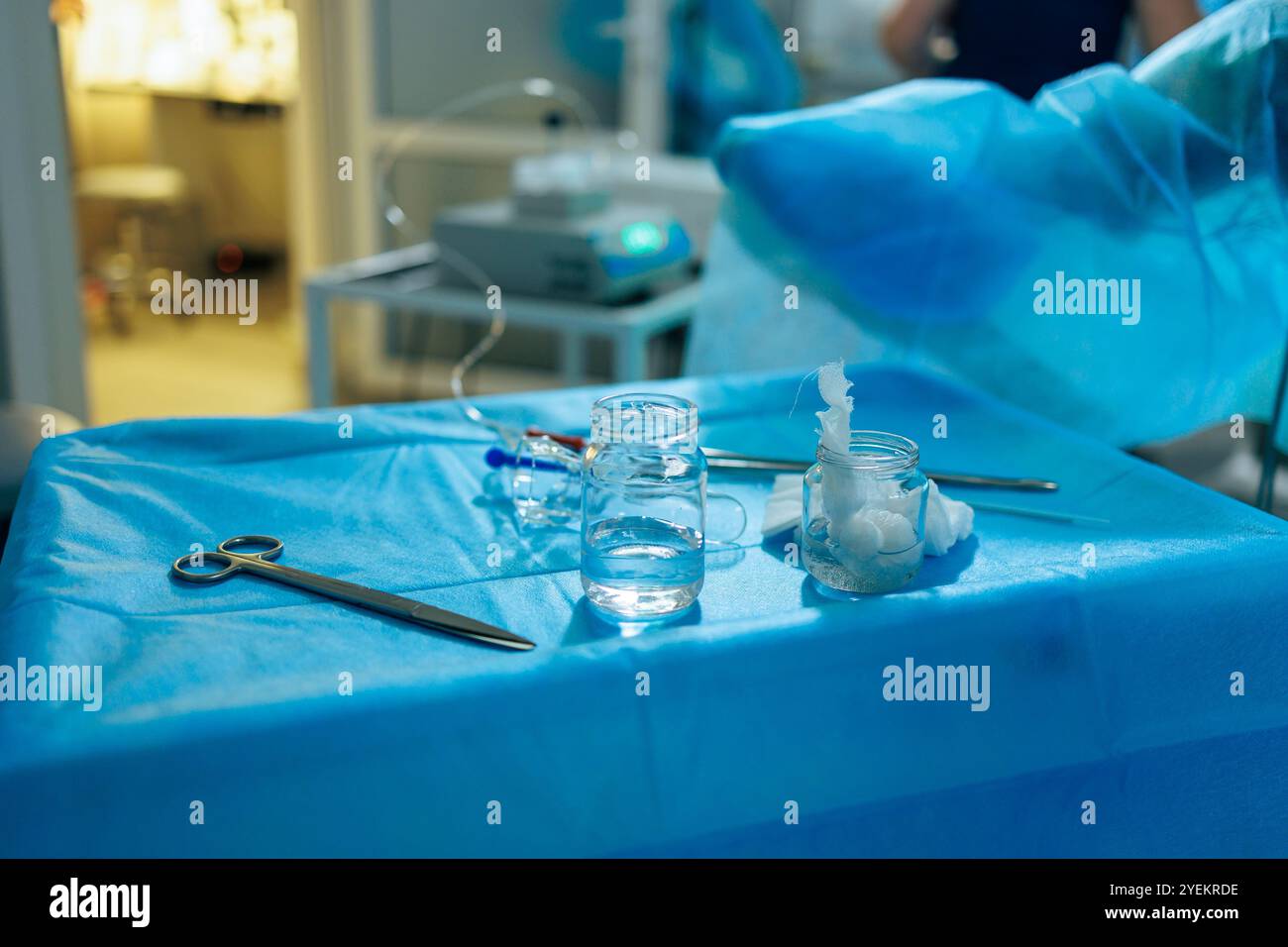 Modern medical equipment in the operating room. Glass jars with drugs ...