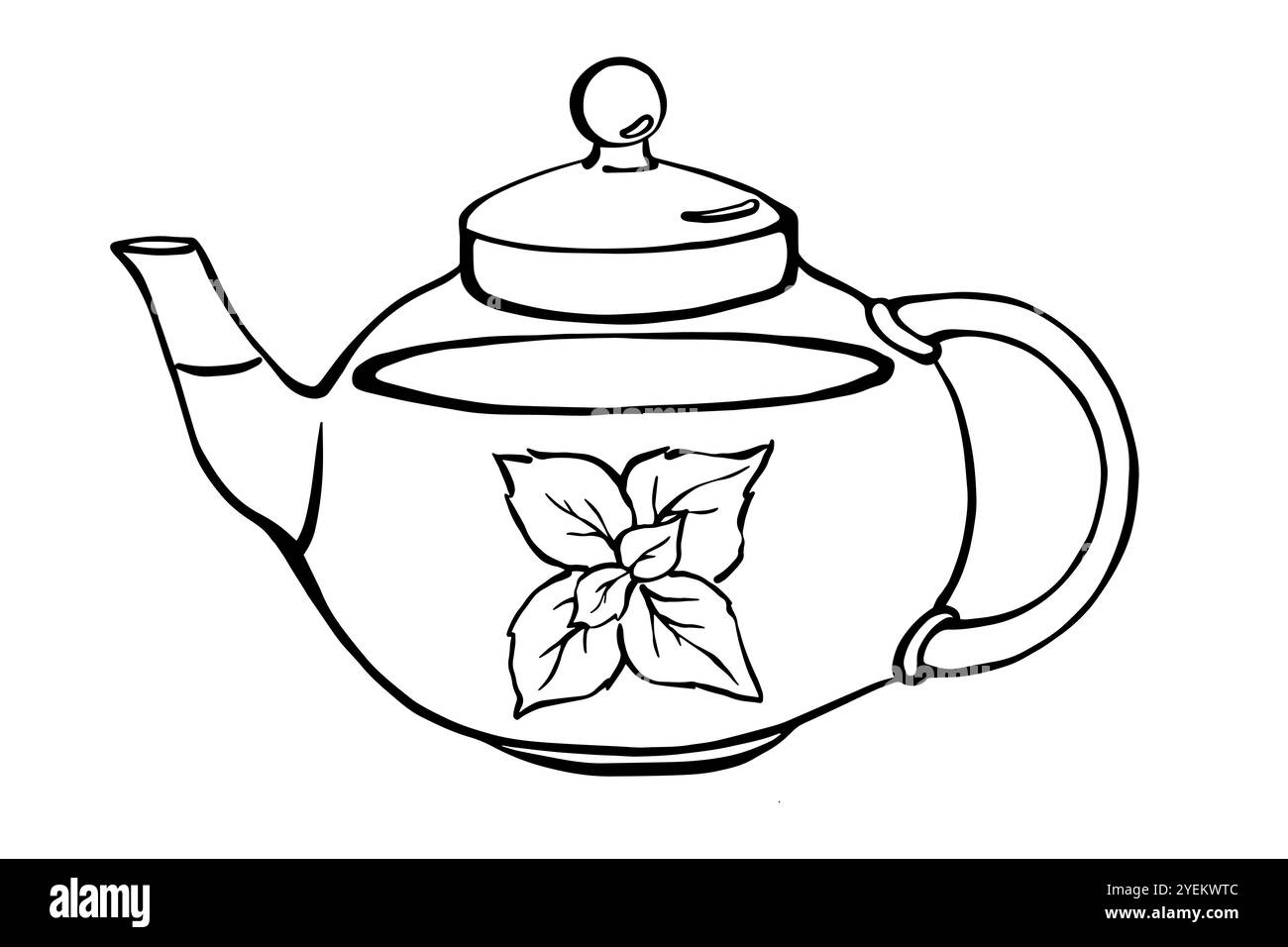 Transparent tea pot with raspberries inside black and white outline ...