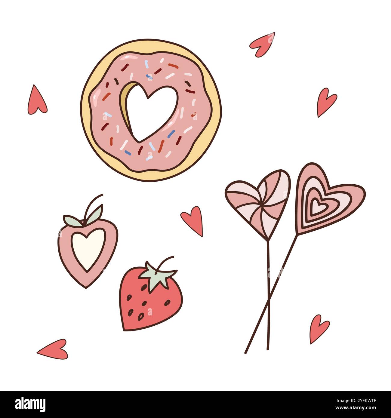 Valentine's day doodle food vector illustrations. Pink and red greeting ...