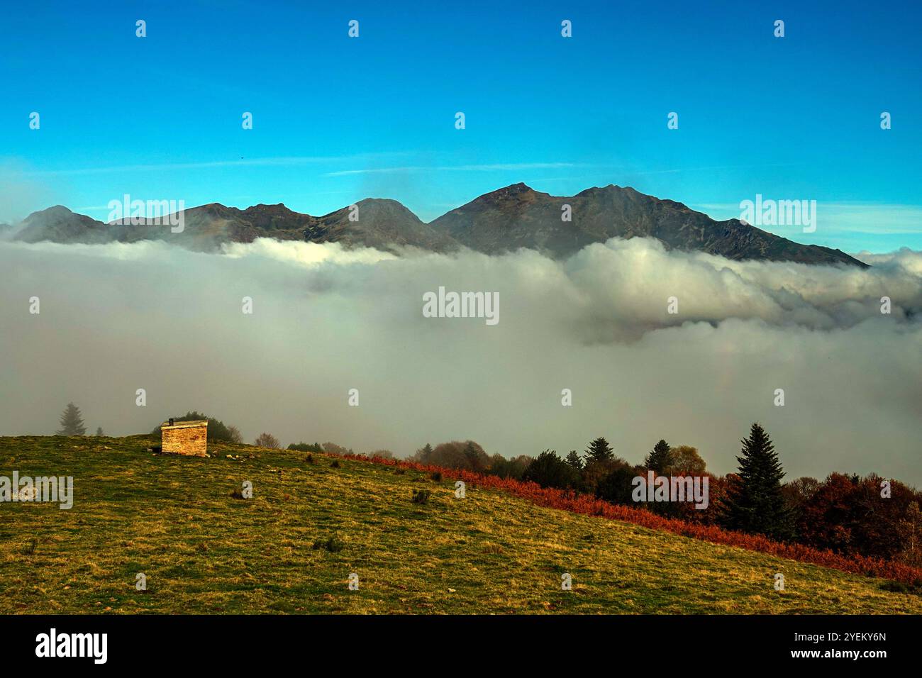 Mont Olmes ski area seen from the Plateau de Beille in the Autumn in ...