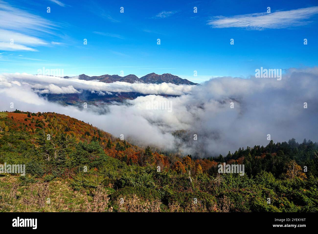 Mont Olmes ski area seen from the Plateau de Beille in the Autumn in ...