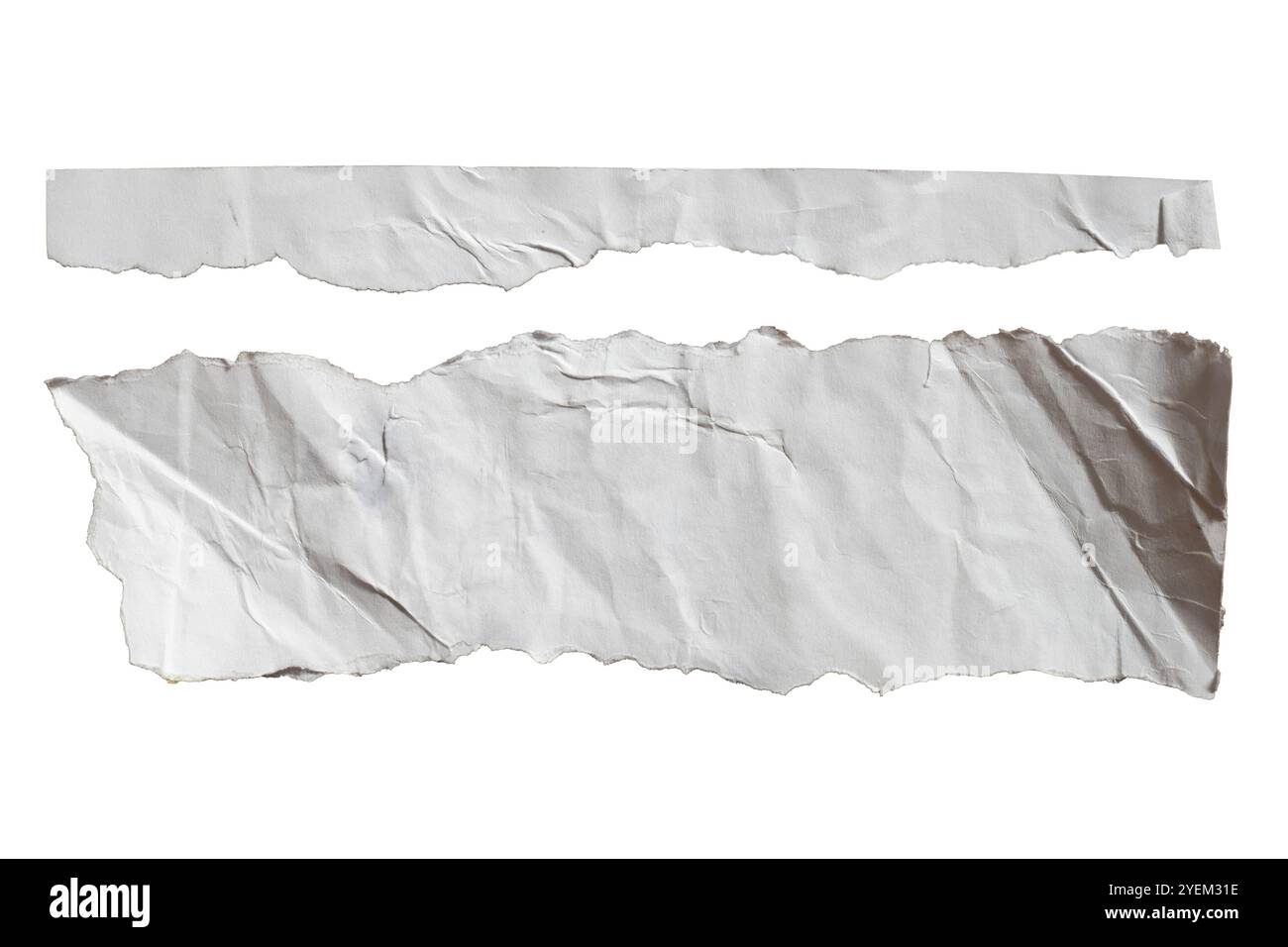 Wrinkled piece of torn long white paper with ragged edges on white ...