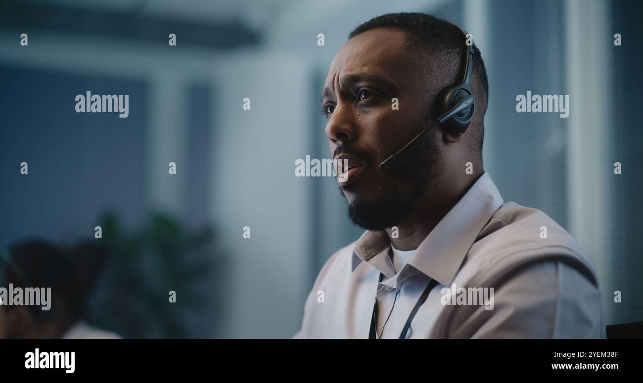 Psychological hotline call center: Close up of African American crisis ...