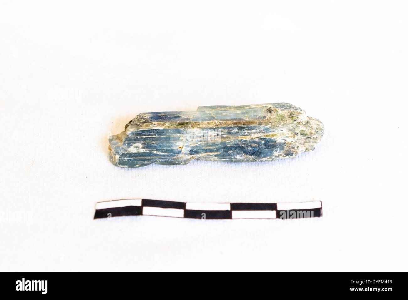 A five centimetre long blue kyanite crystal (Al2OSiO4) on a white ...