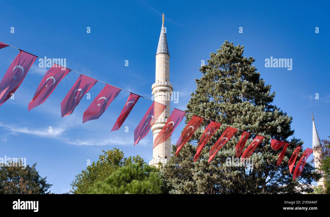 Mosque minaret with Turkish small flags ,Edirne Stock Photo - Alamy