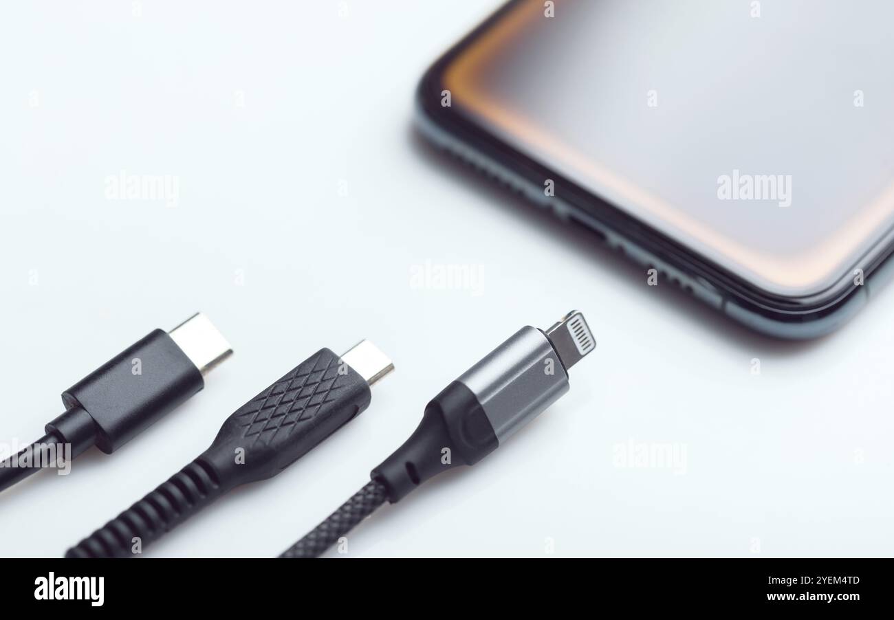 Different types of phone charging cables are lined up next to a ...
