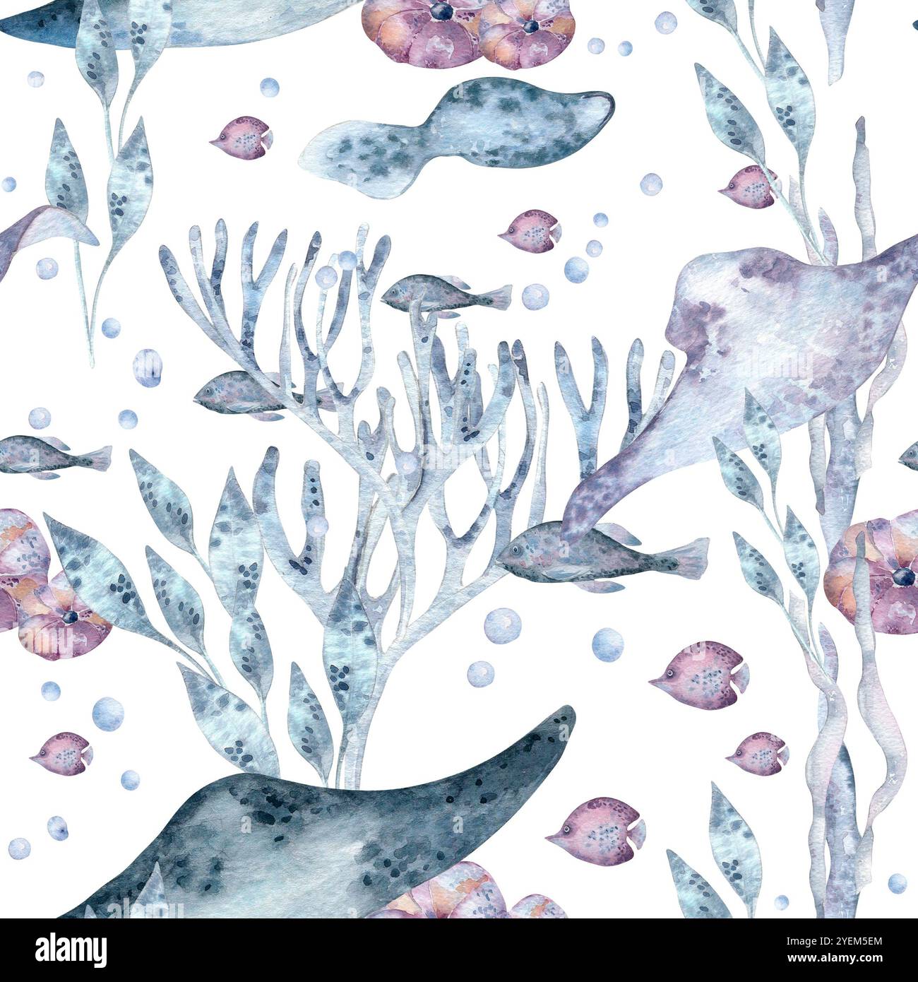 Stingray, fishes swimming in seaweeds and corals soft colors for marine ...