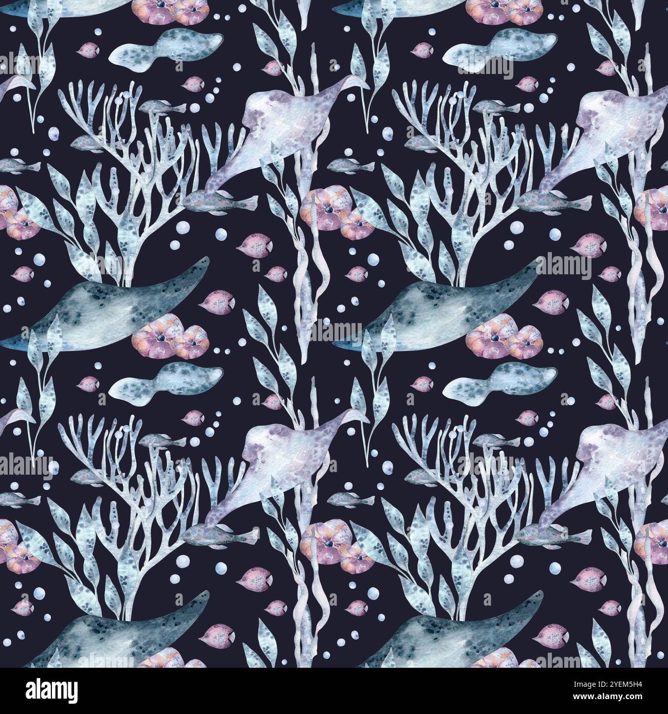 Stingray, fishes swimming in seaweeds and corals soft colors for marine ...