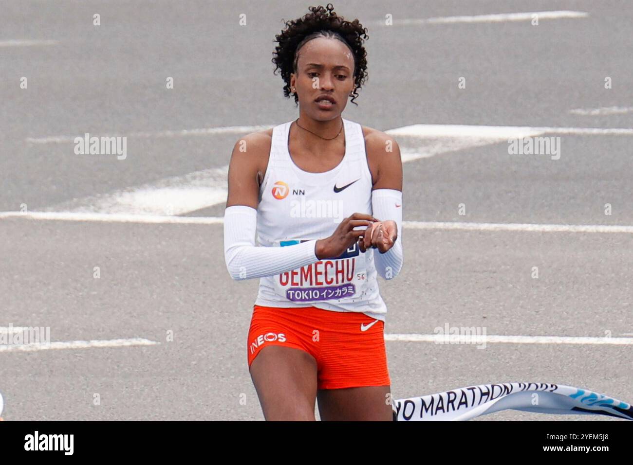 FILE - Ethiopian athlete Tsehay Gemechu crosses the finish line in ...